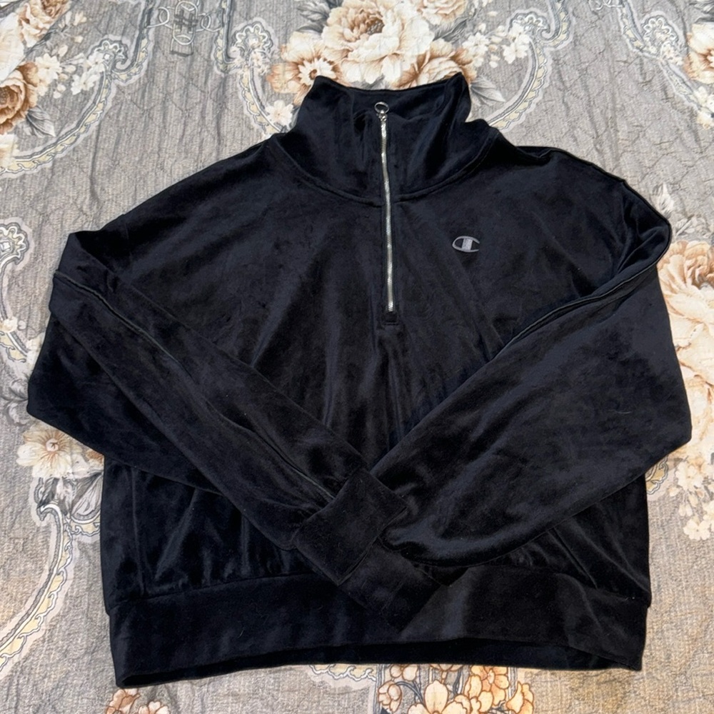 Champion Small C Satin Black Velour Quarter Zip - Gem